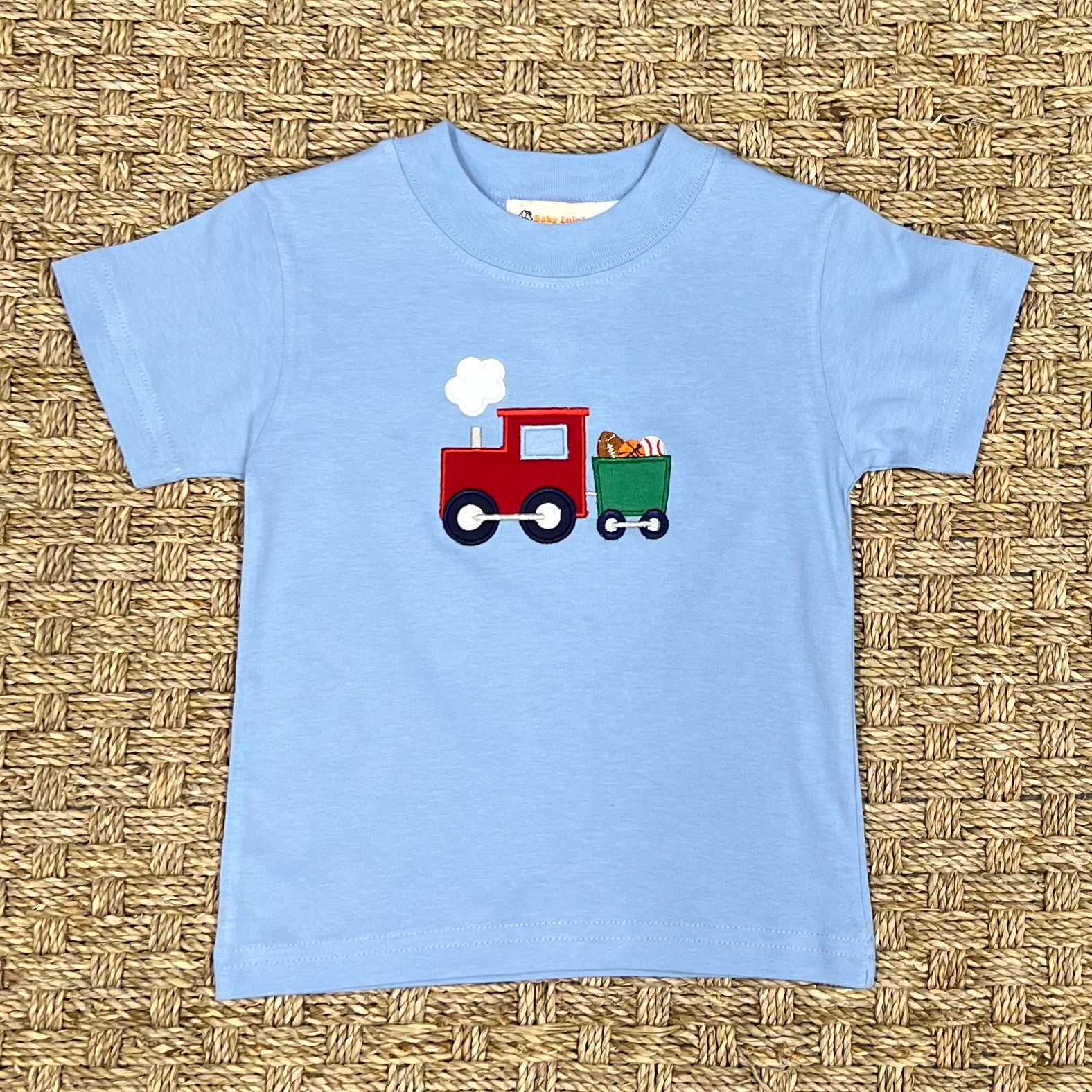 Luigi Tee, Train with Sports Balls on Sky Blue | shopnurseryrhymes