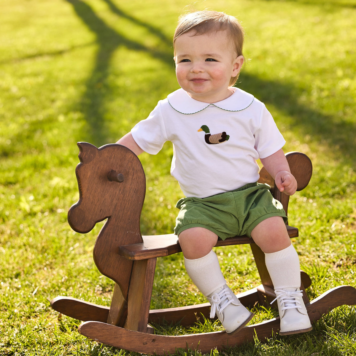 Little English Crochet Peter Pan Onesie, Mallard | shopnurseryrhymes